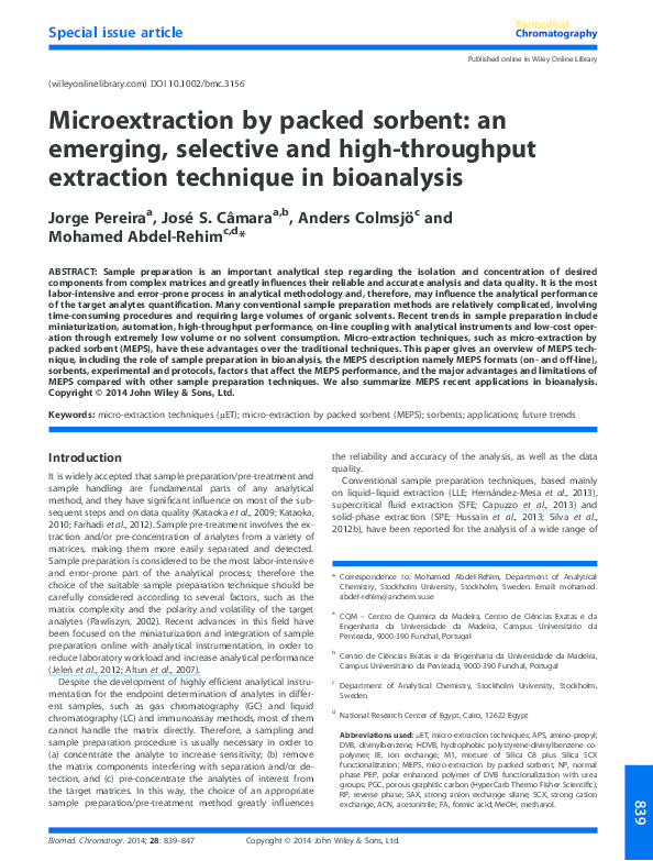 (PDF) Microextraction by packed sorbent: an emerging, selective and high-throughput extraction ...