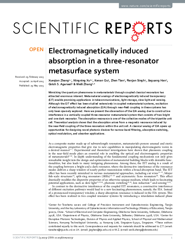 (PDF) Electromagnetically induced absorption in a three-resonator metasurface system