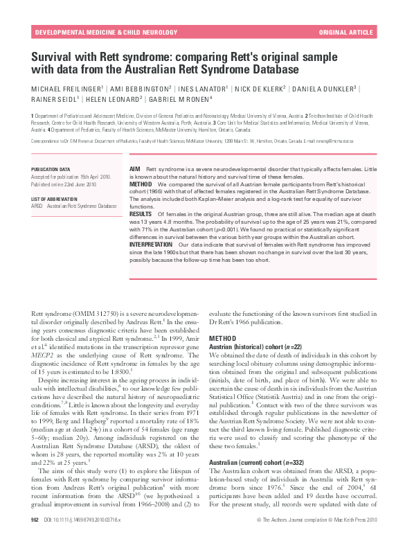 (PDF) Survival with Rett syndrome: comparing Rett’s original sample ...