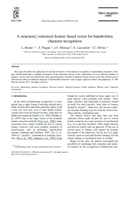 Pdf A Structuralstatistical Feature Based Vector For Handwritten Character Recognition