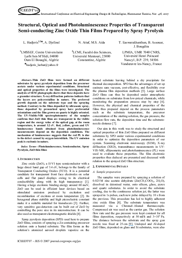(PDF) Structural, Optical and Photoluminescence Properties of Transparent Semi-conducting Zinc ...
