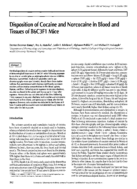 (PDF) Disposition of Cocaine and Norcocaine in Blood and Tissues of ...