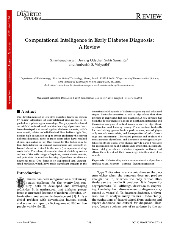 (PDF) Computational Intelligence in Early Diabetes Diagnosis: A Review
