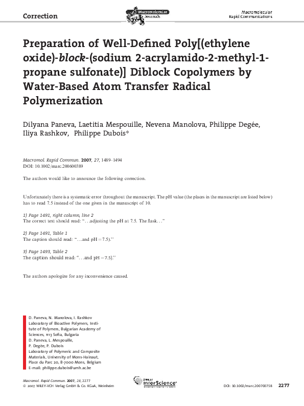 (PDF) Preparation of Well-Defined Poly[(ethylene oxide)-block-(sodium 2-acrylamido-2-methyl-1 ...