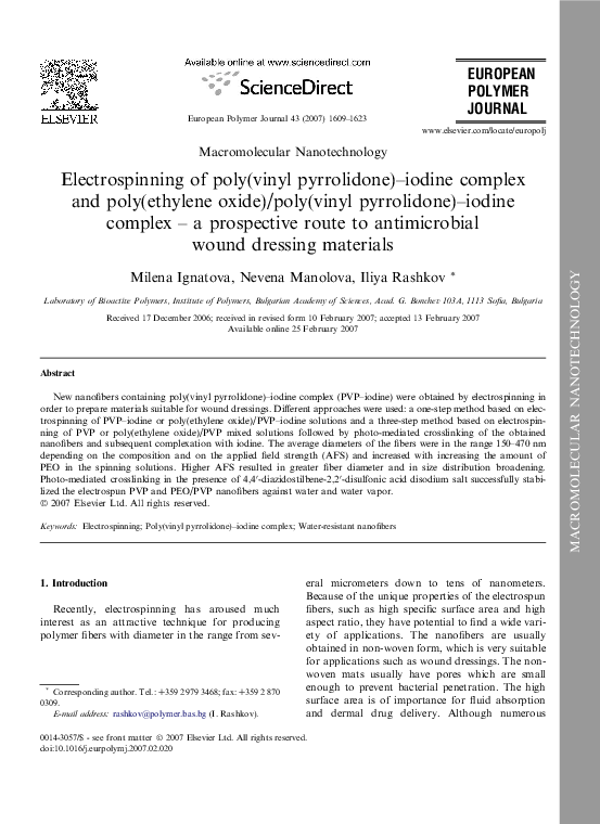 (PDF) Electrospinning of poly(vinyl pyrrolidone)–iodine complex and ...