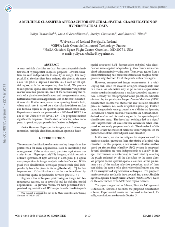 (PDF) A multiple classifier approach for spectral-spatial classification of hyperspectral data