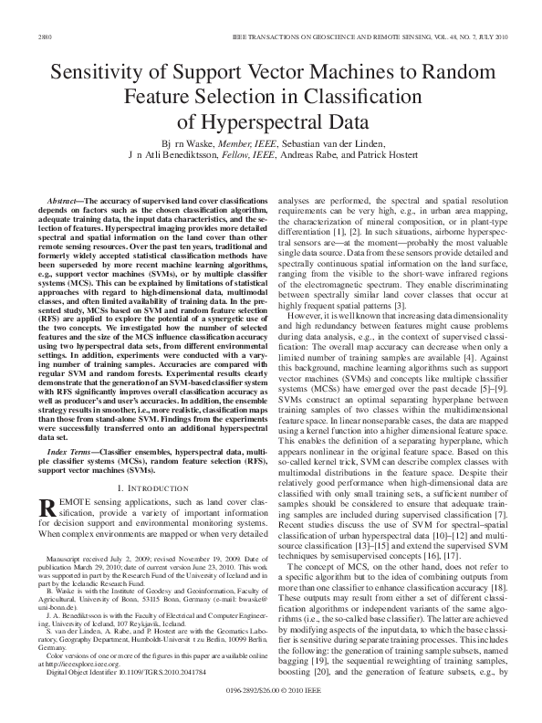 Pdf Sensitivity Of Support Vector Machines To Random Feature Selection In Classification Of