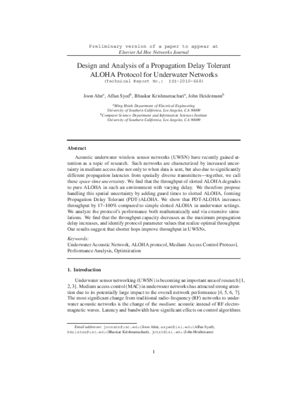 (PDF) Design and analysis of a propagation delay tolerant ALOHA protocol for underwater networks