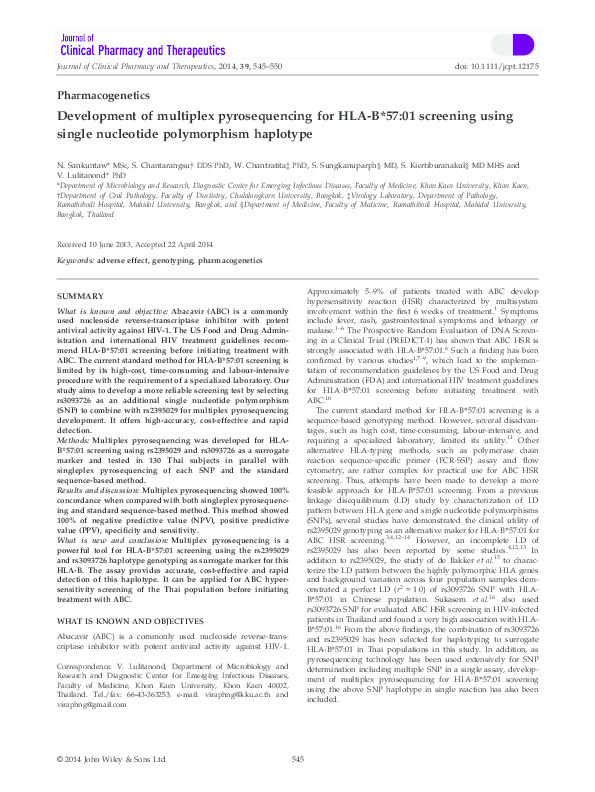 (PDF) Development of multiplex pyrosequencing for HLA-B*57:01 screening using single nucleotide ...