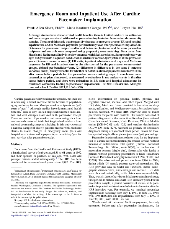 (PDF) Emergency Room and Inpatient Use After Cardiac Pacemaker Implantation