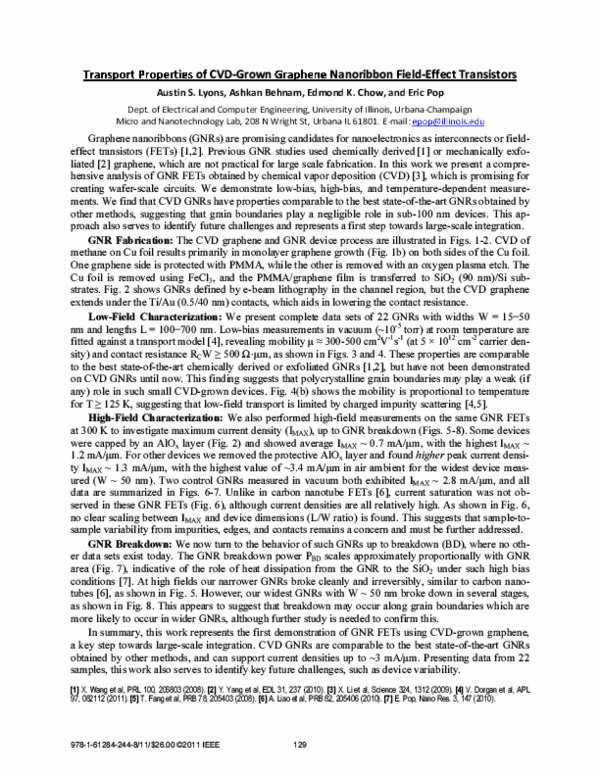 (PDF) Transport properties of CVD-grown graphene nanoribbon field-effect transistors