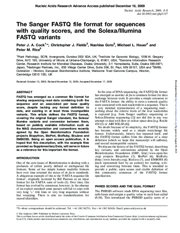 (PDF) The Sanger FASTQ file format for sequences with quality scores ...