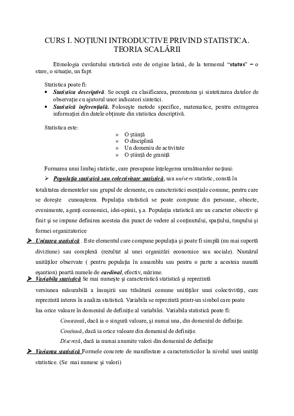 (DOC) CURS I NOȚIUNI INTRODUCTIVE PRIVIND STATISTICA TEORIA SCALARII