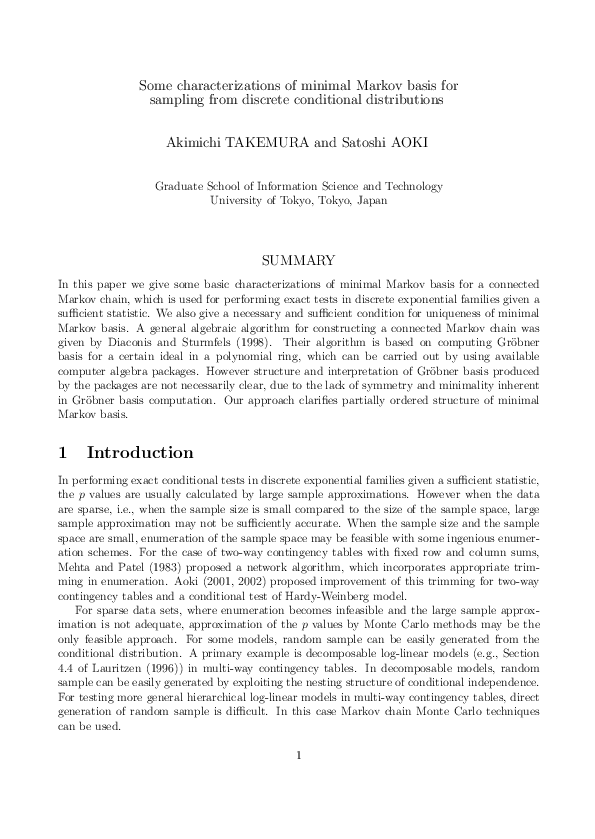 Pdf Some Characterizations Of Minimal Markov Basis For Sampling From Discrete Conditional