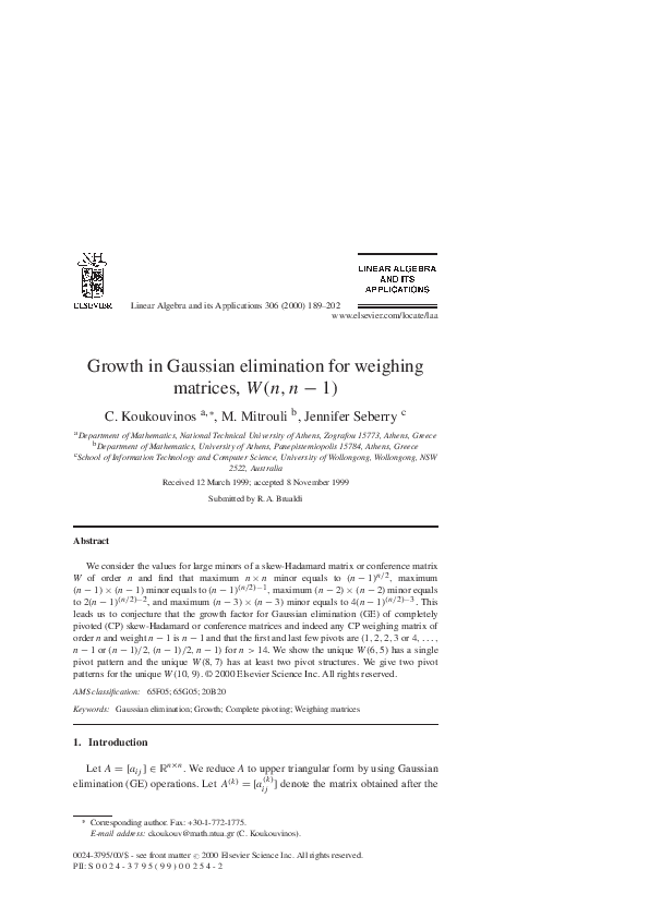 (PDF) Growth in Gaussian elimination for weighing matrices
