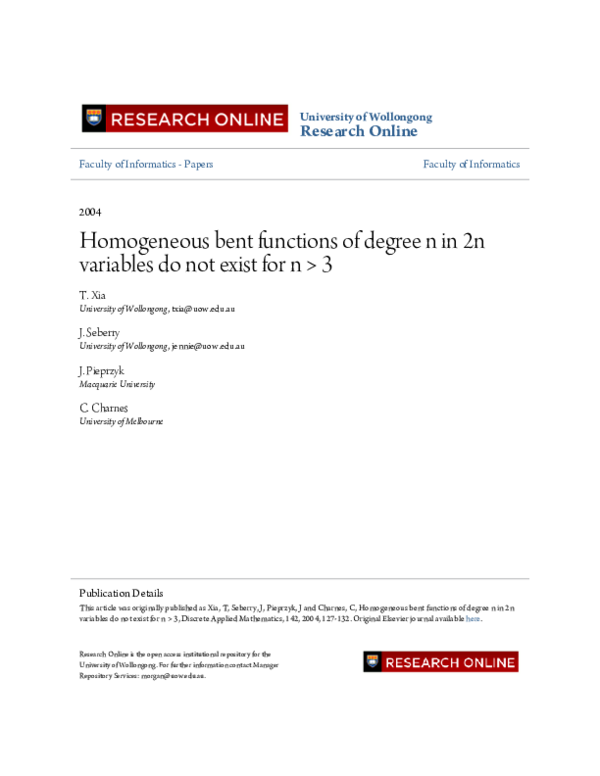Pdf Homogeneous Bent Functions Of Degree N In 2n Variables Do Not