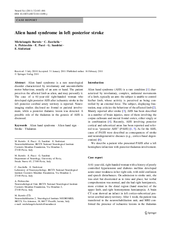 (PDF) Alien hand syndrome in left posterior stroke