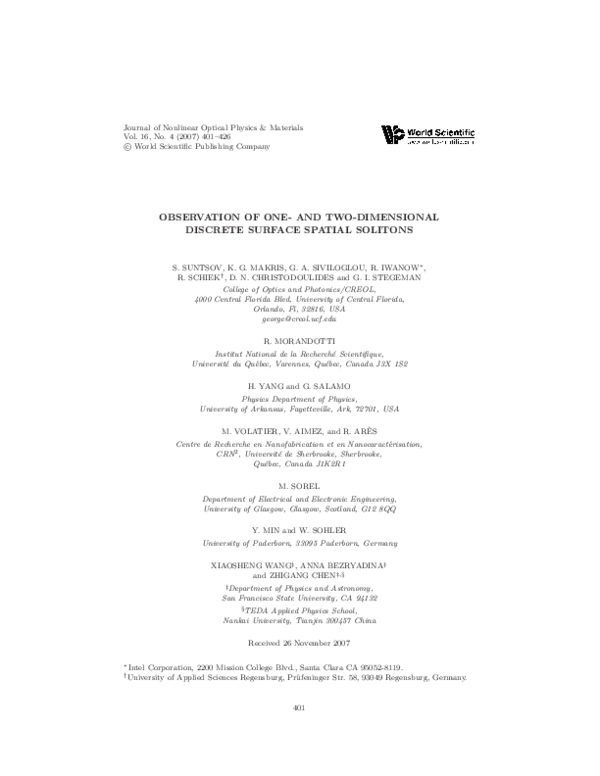 (PDF) OBSERVATION OF ONE- AND TWO-DIMENSIONAL DISCRETE SURFACE SPATIAL SOLITONS