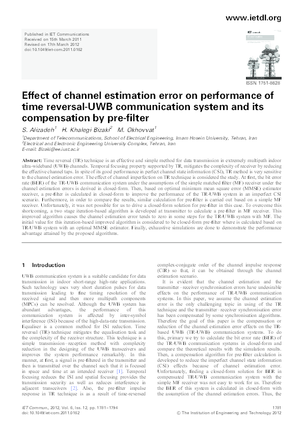 (PDF) Effect of channel estimation error on performance of time reversal-UWB communication ...