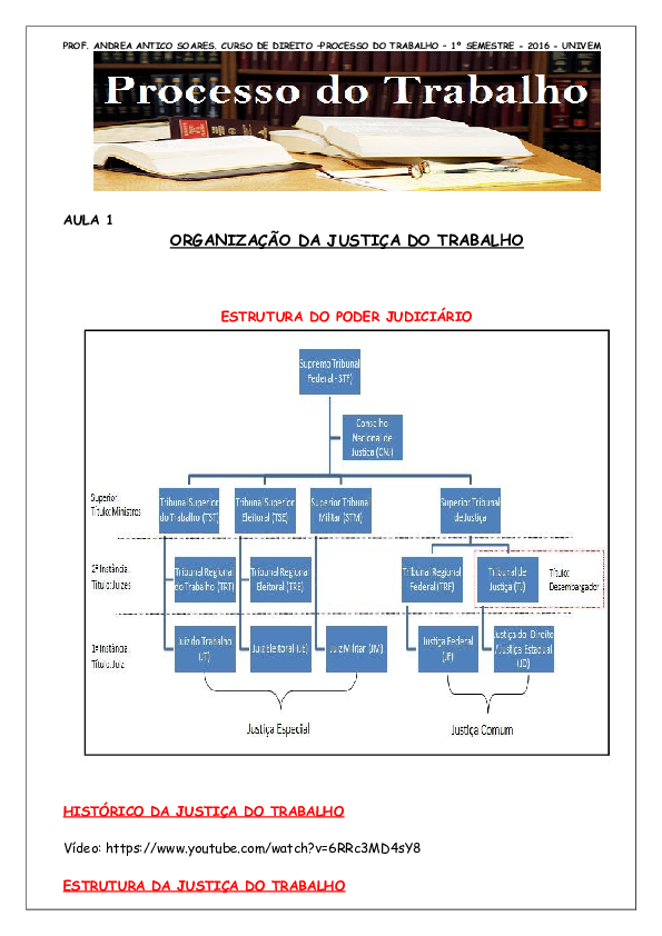 (DOC) ORGANIZAÇÃO DA JUSTIÇA DO TRABALHO ESTRUTURA DO PODER JUDICIÁRIO ...