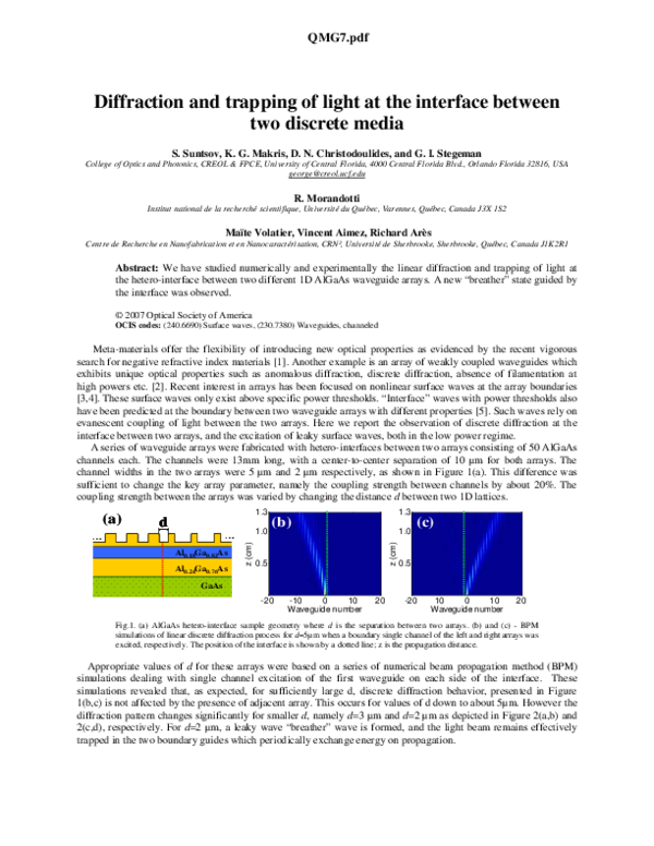 (PDF) Diffraction and trapping of light at the interface between two discrete media