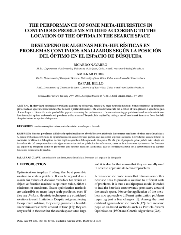 (PDF) THE PERFORMANCE OF SOME META-HEURISTICS IN CONTINUOUS PROBLEMS ...