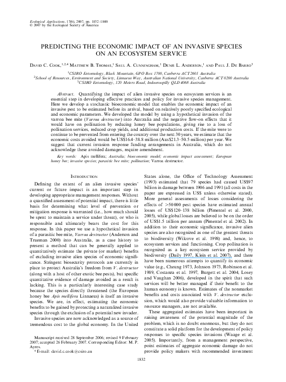 (PDF) Predicting the Economic Impact of an Invasive Species on an ...