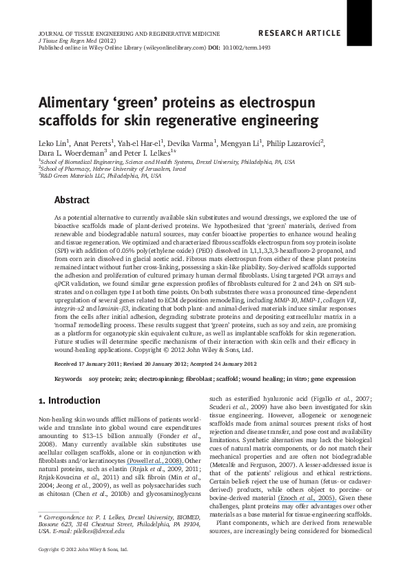 (PDF) Alimentary ‘green’ proteins as electrospun scaffolds for skin regenerative engineering