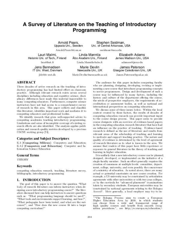 (PDF) A survey of literature on the teaching of introductory programming
