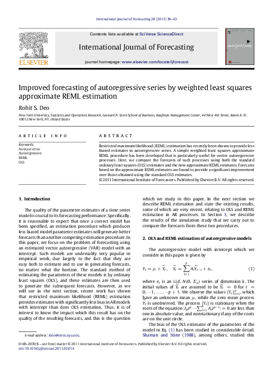 Pdf Improved Forecasting Of Autoregressive Series By Weighted Least Squares Approximate Reml 