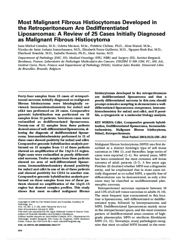 (PDF) Most Malignant Fibrous Histiocytomas Developed in the ...