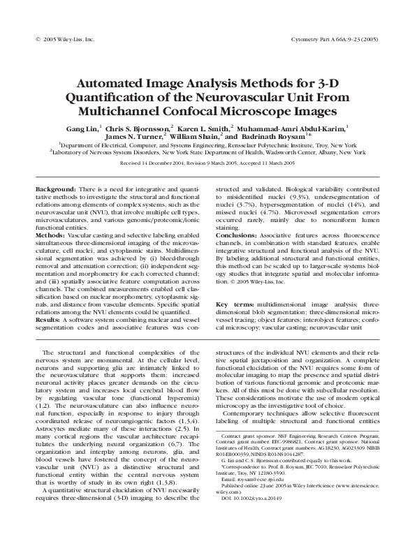 (PDF) Automated image analysis methods for 3-D quantification of the neurovascular unit from ...