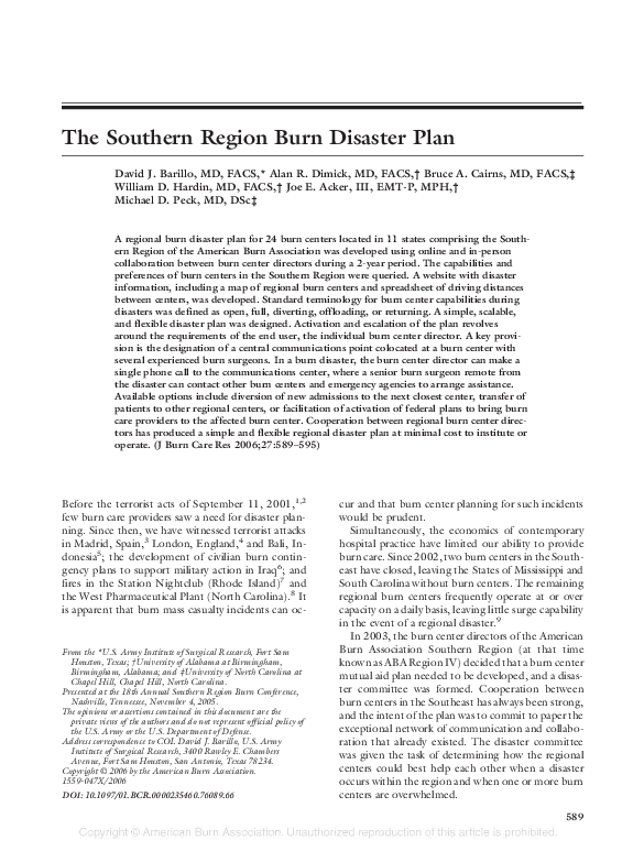 (PDF) The Southern Region Burn Disaster Plan