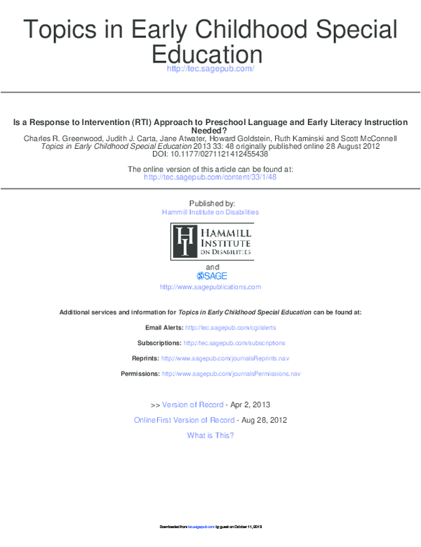 (PDF) Is a Response to Intervention (RTI) Approach to Preschool ...