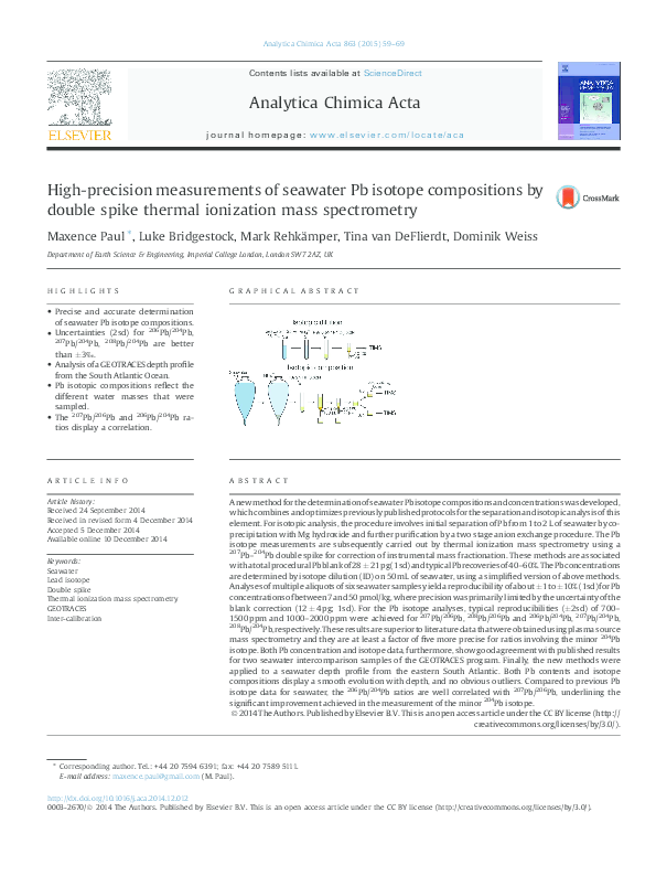 (PDF) High-precision measurements of seawater Pb isotope compositions ...
