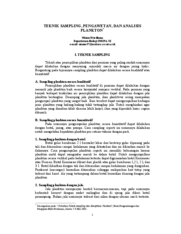 (PDF) TEKNIK SAMPLING, PENGAWETAN, DAN ANALISIS PLANKTON