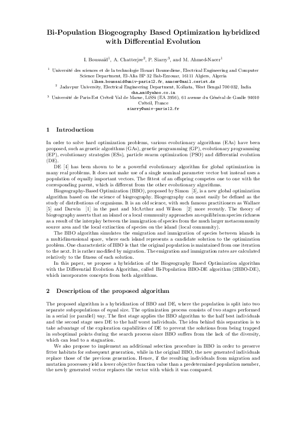 (PDF) Bi-Population Biogeography Based Optimization hybridized with Differential Evolution