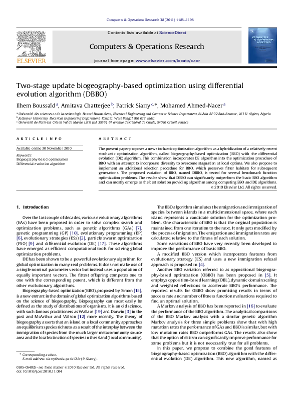 Pdf Two Stage Update Biogeography Based Optimization Using Differential Evolution Algorithm Dbbo