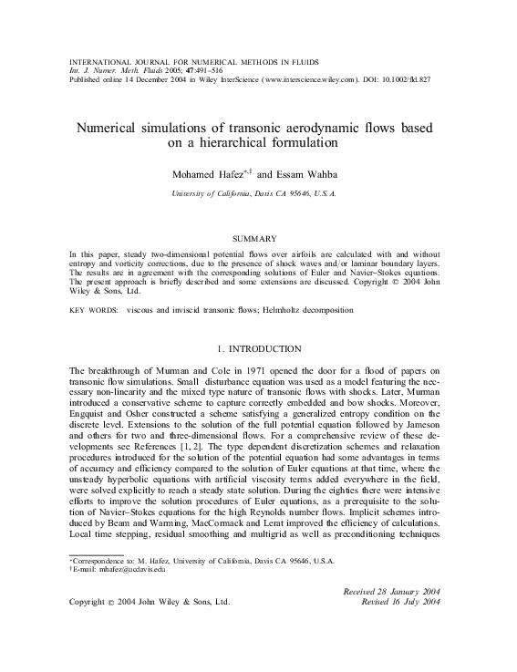 (PDF) Numerical simulations of transonic aerodynamic flows based on a hierarchical formulation