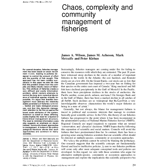 (PDF) Chaos, complexity and community management of fisheries