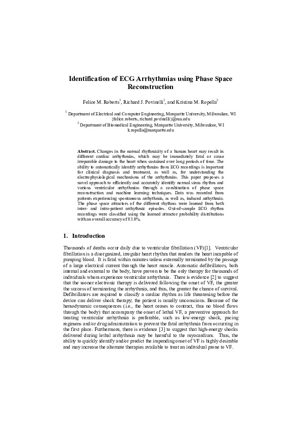 (PDF) Identification of ECG Arrhythmias Using Phase Space Reconstruction