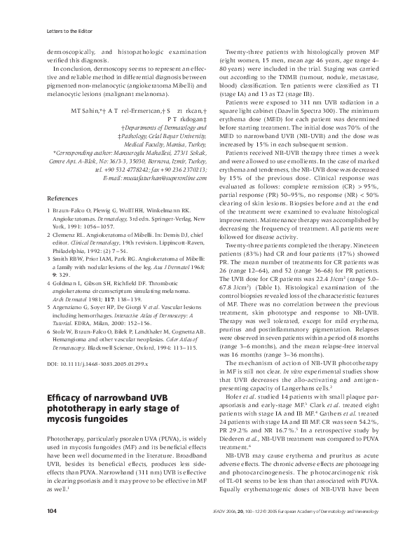 (PDF) Efficacy of narrowband UVB phototherapy in early stage of mycosis fungoides