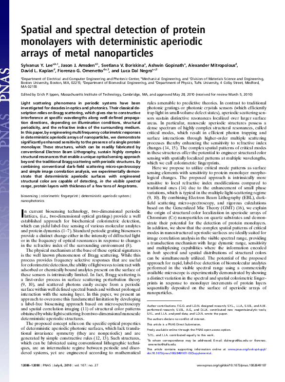 Pdf Spatial And Spectral Detection Of Protein Monolayers With Deterministic Aperiodic Arrays