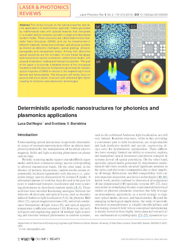 (PDF) Deterministic aperiodic nanostructures for photonics and plasmonics applications