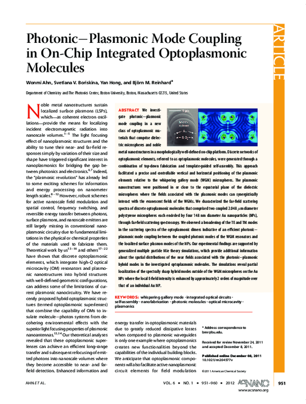 (PDF) Photonic–Plasmonic Mode Coupling in On-Chip Integrated Optoplasmonic Molecules
