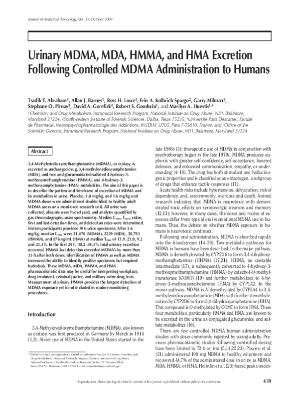 (PDF) Urinary MDMA, MDA, HMMA, and HMA Excretion Following Controlled ...