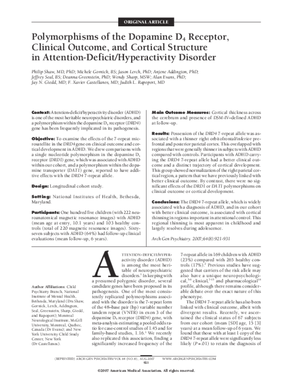 (PDF) Polymorphisms of the Dopamine D4 Receptor, Clinical Outcome, and ...