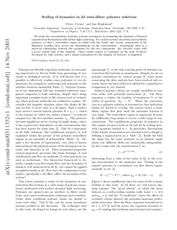 (PDF) Scaling of dynamics in 2d semi-dilute polymer solutions