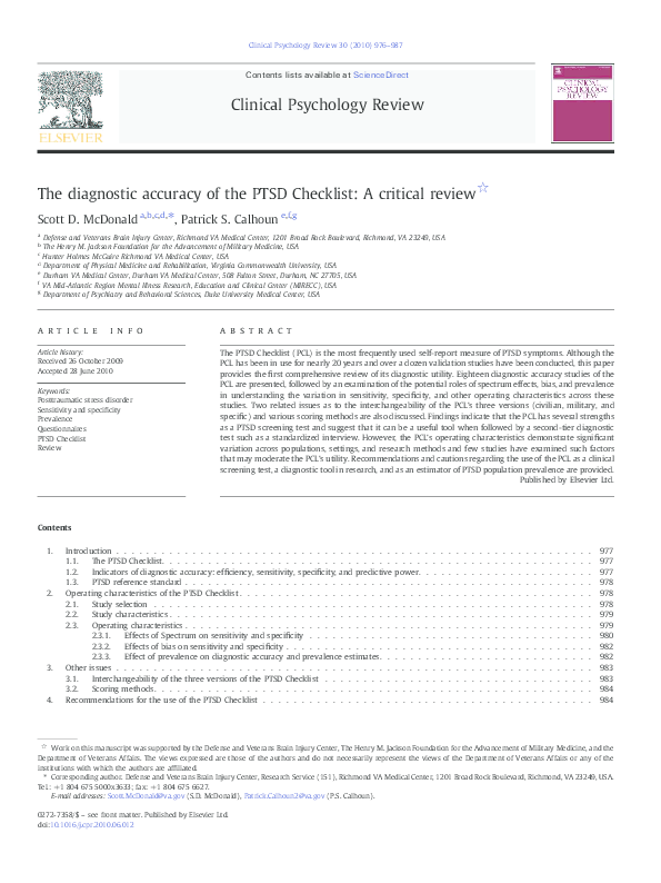 (PDF) The diagnostic accuracy of the PTSD Checklist: A critical review