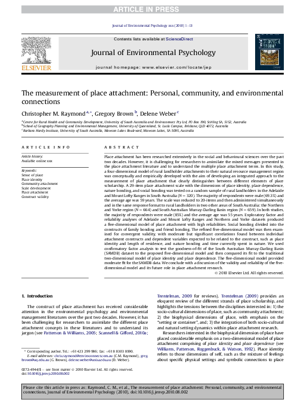 (PDF) The measurement of place attachment: Personal, community, and ...